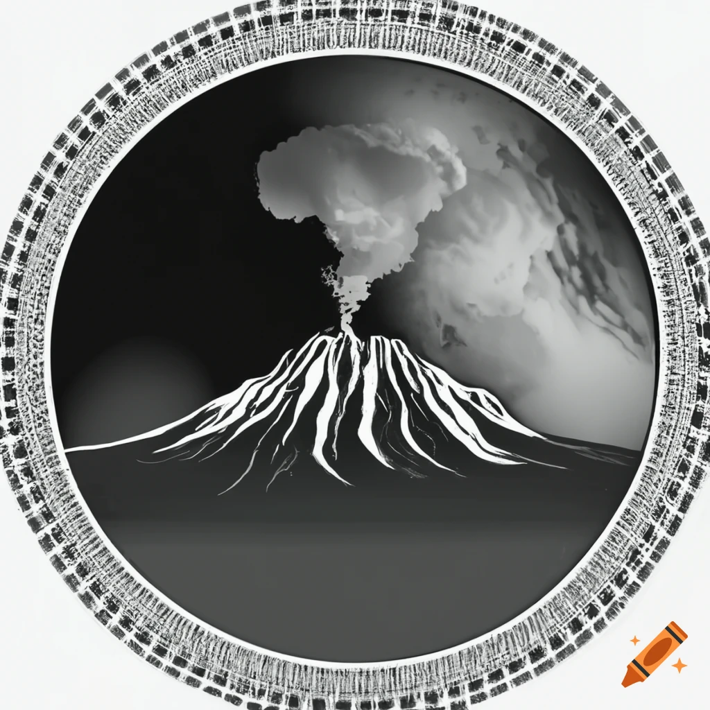 Black and white round sticker with a volcano design