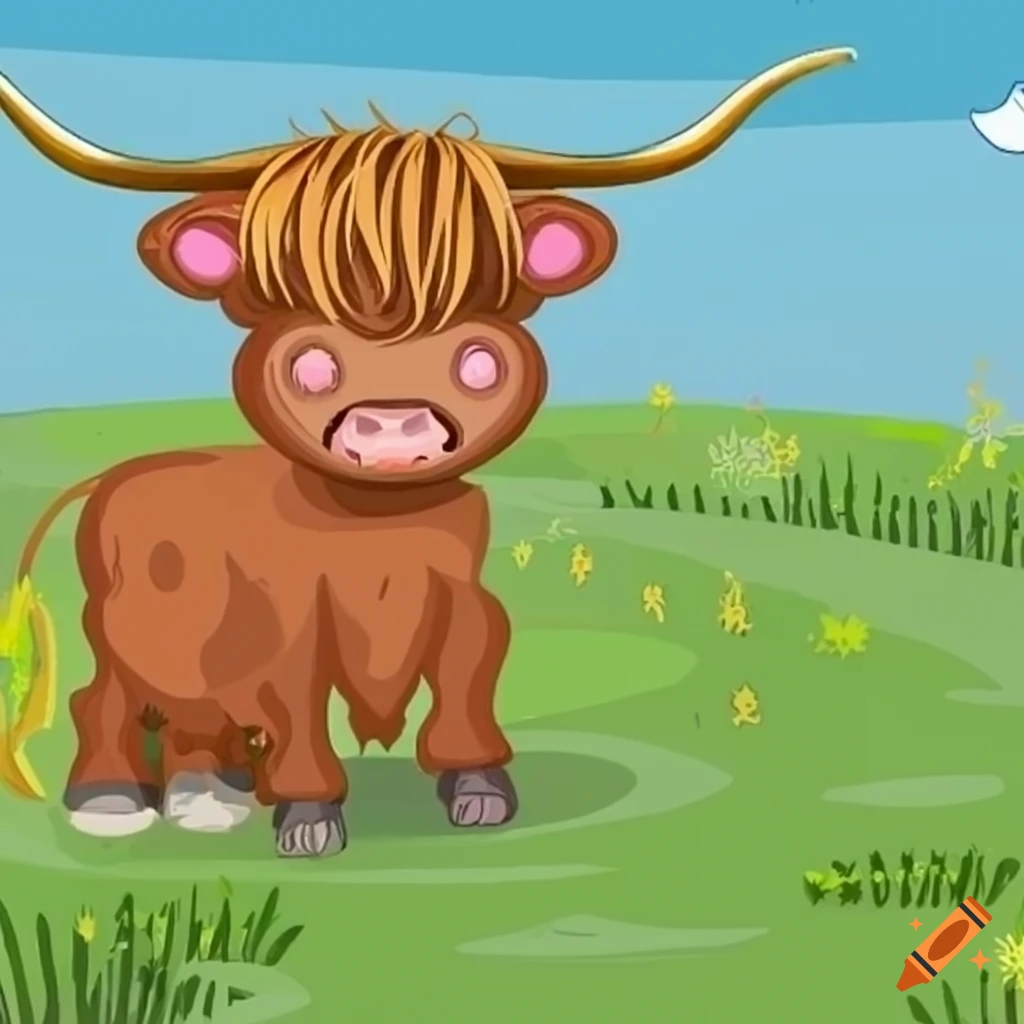 Cartoon highland cow grazing in a meadow