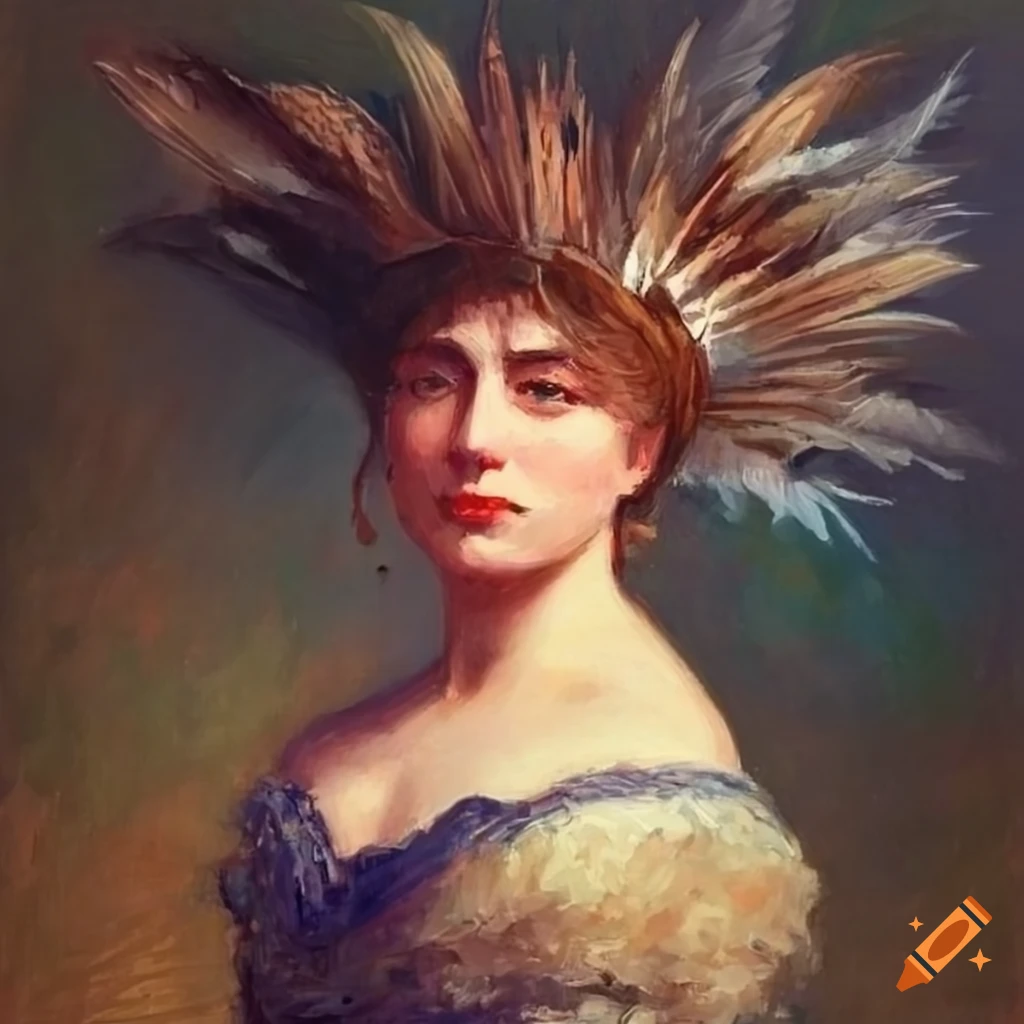 Impressionist painting of a woman with a feather crown