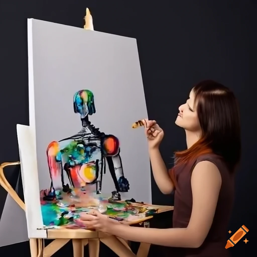 Painting of a woman creating a robot masterpiece on Craiyon