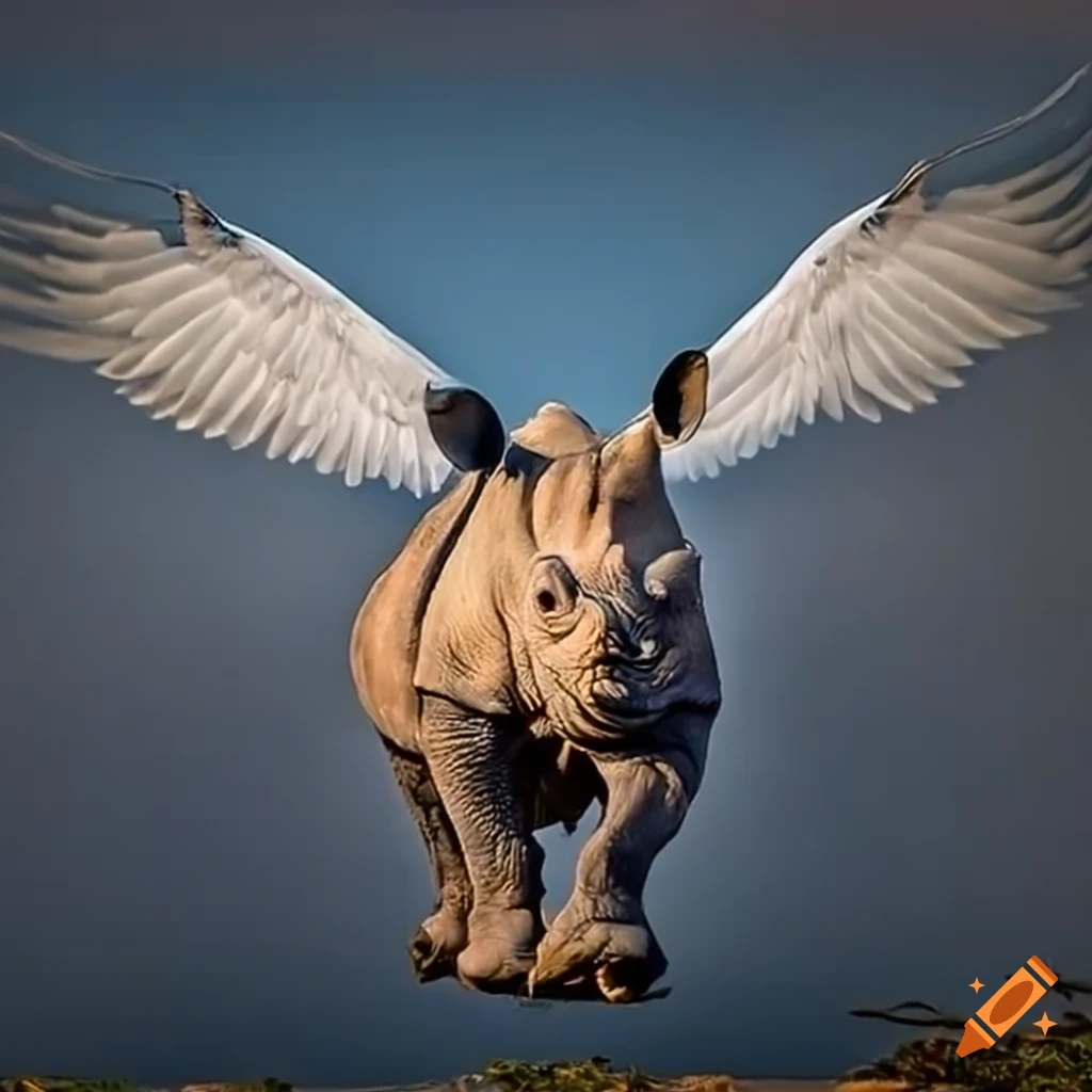 A flying rhinoceros with angel wings on Craiyon