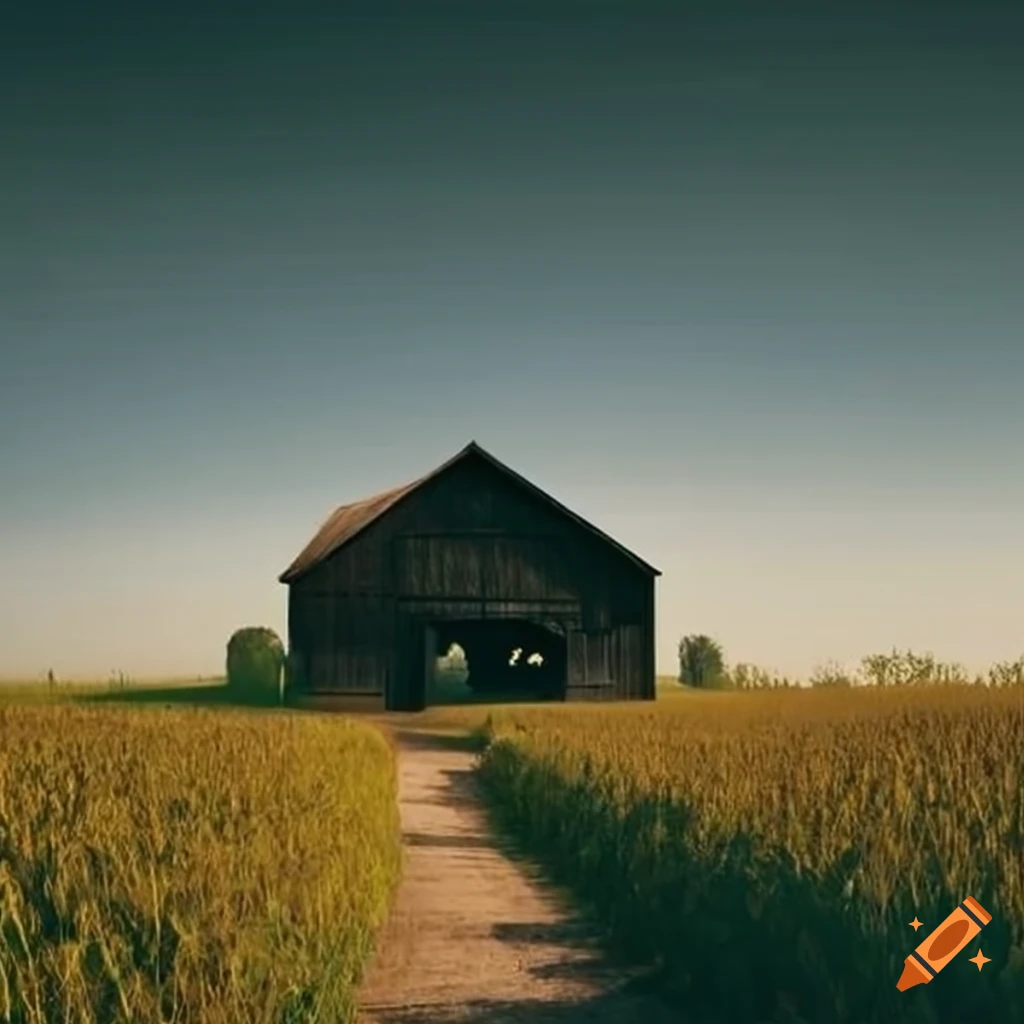 Haunted barn in front of cornfields on Craiyon