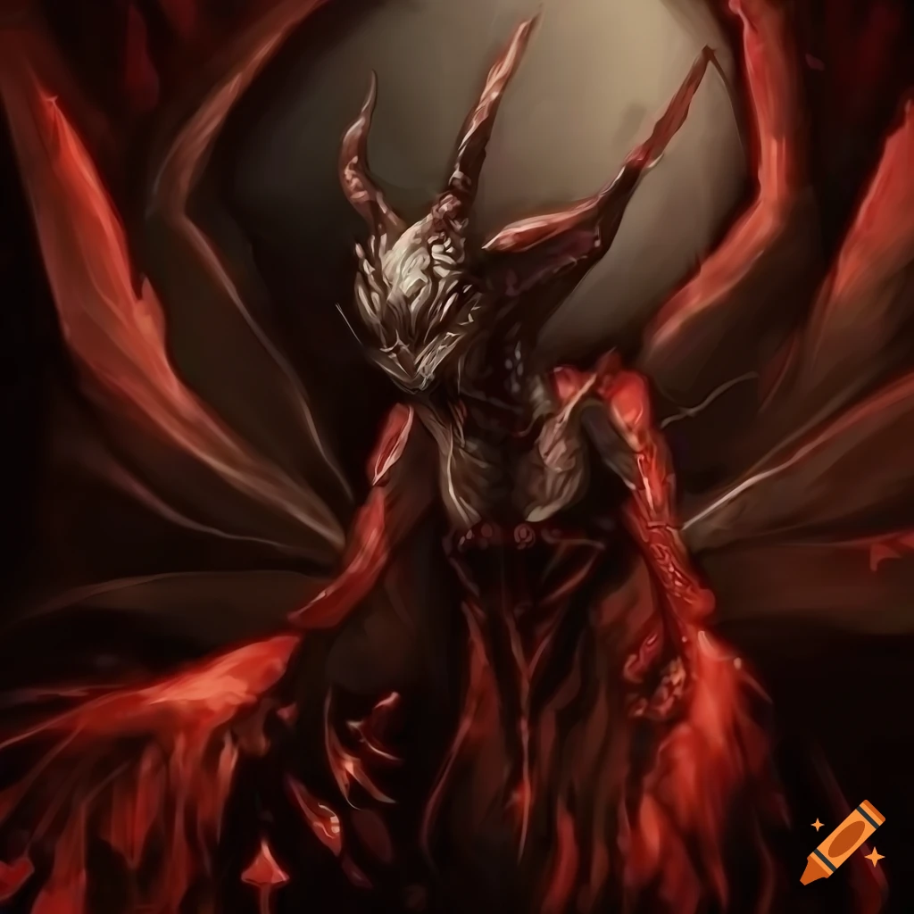 Digital art of a red-haired insectoid fae in a dark fantasy setting