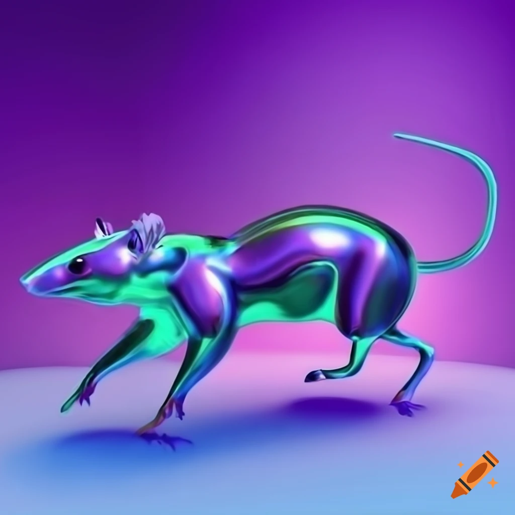 Chrome metallic rat jumping in ethereal colors