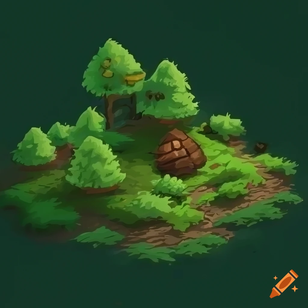 2d isometric game art of forest floor with low bushes on Craiyon