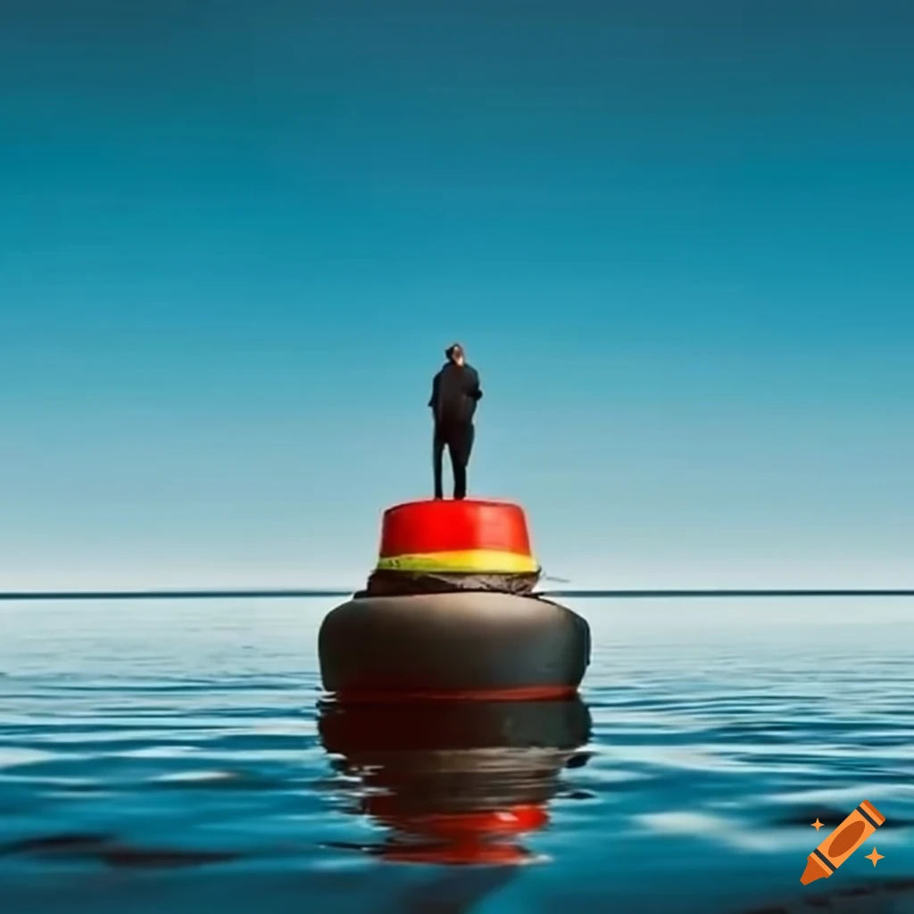 Image of a man standing on a buoy in the ocean