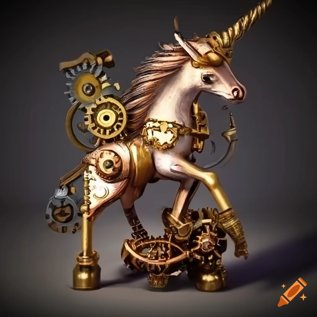 Steampunk unicorn sculpture with gears on Craiyon