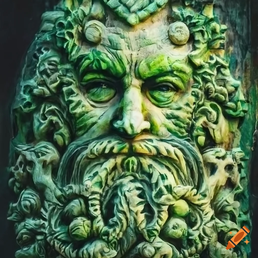 Intricate carving of a pagan green man with detailed green face and ...