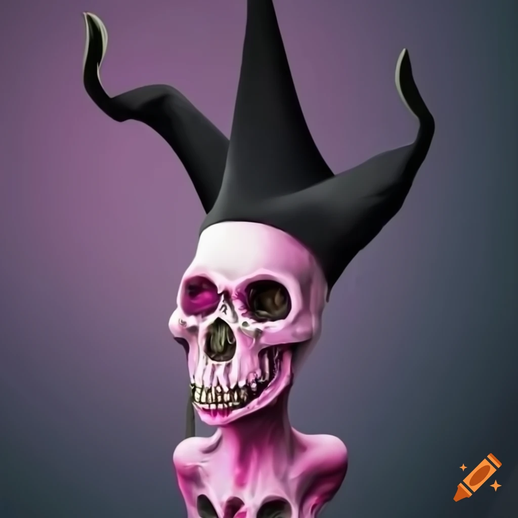 Illustration of a white rabbit with a jester's hat and a pink skull on ...