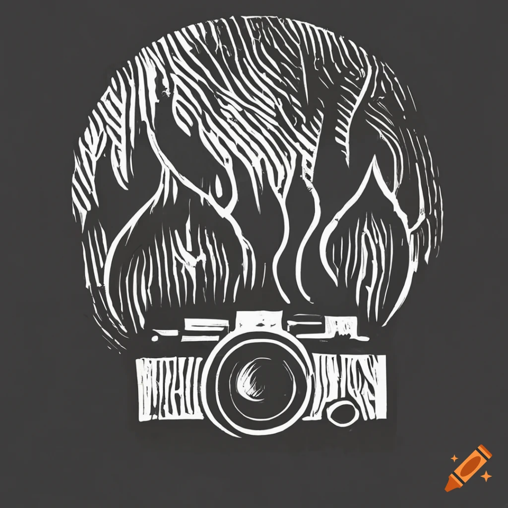 Monochrome logo of a film production company with flaming camera on Craiyon