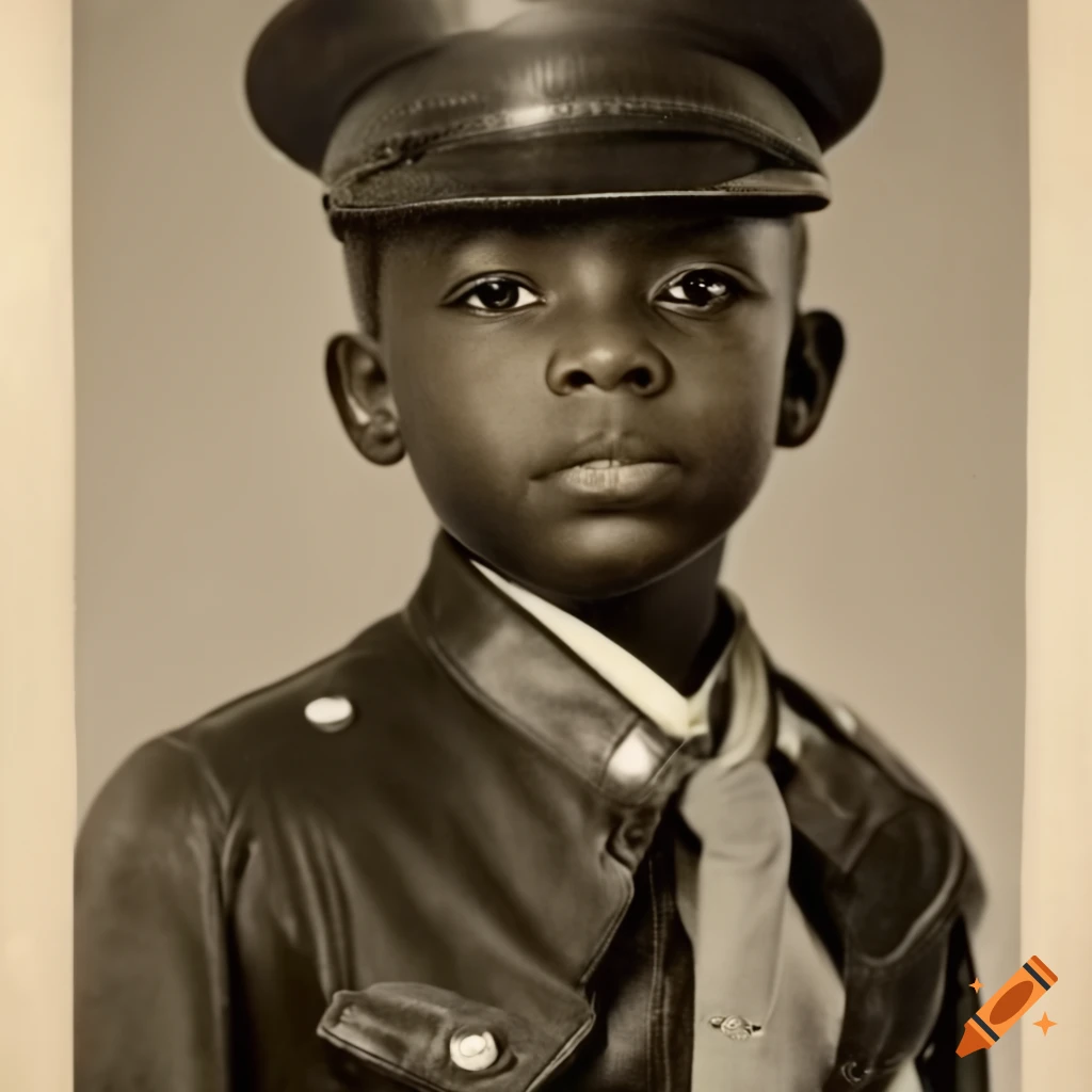 Vintage photo of a young black boy in a security guard uniform