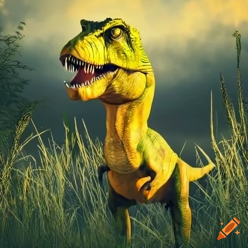 Giant yellow tyrannosaurus in tall grass on Craiyon