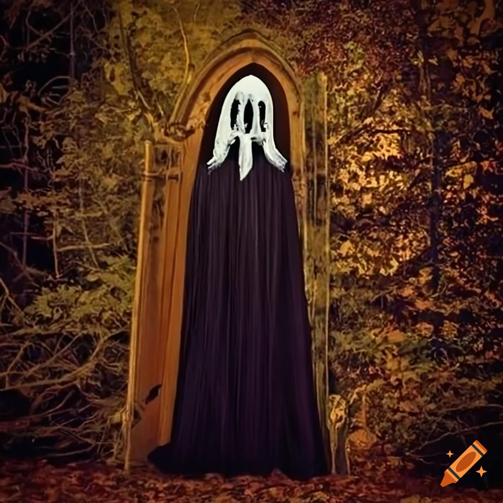 Retro spooky haunted gates with ghost