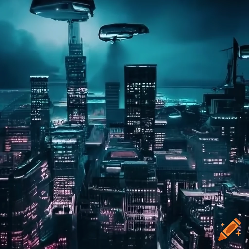 Futuristic cityscape with flying cars and neon lights on Craiyon