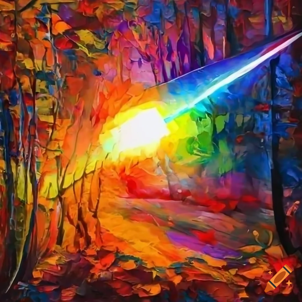 Knife palette painting of a laser beam hitting a pyramid prism in a ...