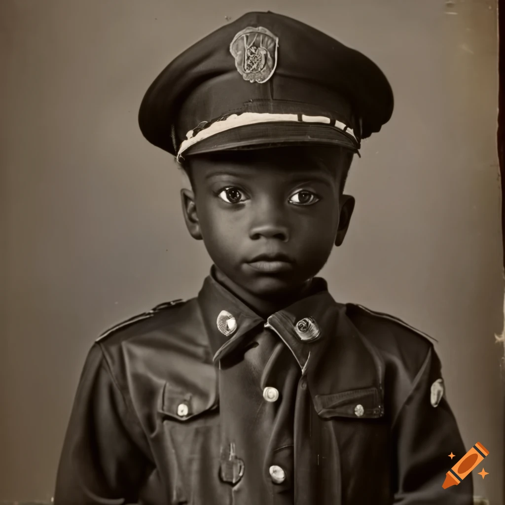 Vintage photo of a young black boy in a security guard uniform on Craiyon