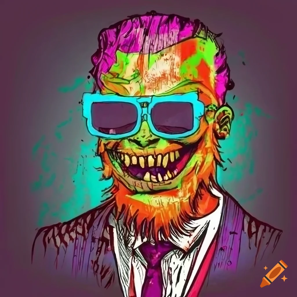 Comic-style illustration of a zombie in a suit and sunglasses on Craiyon