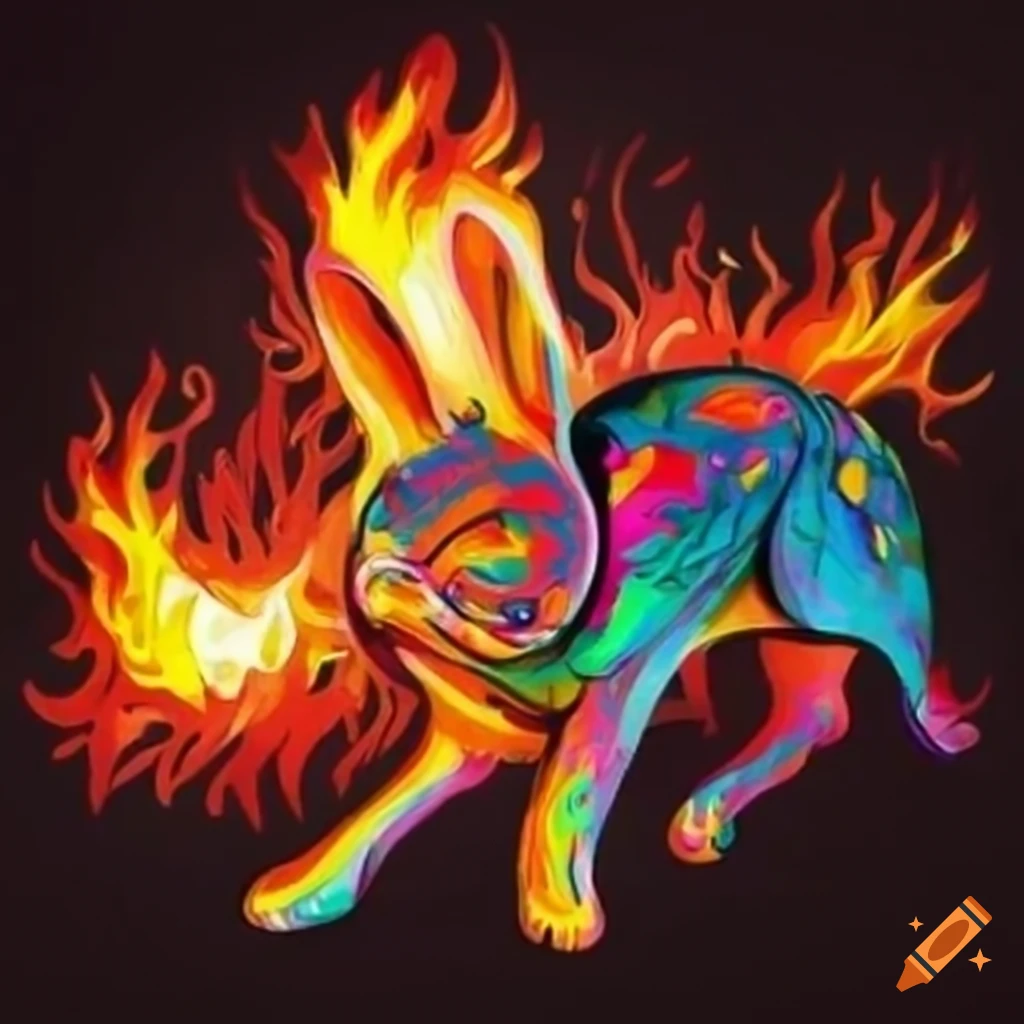 Graffiti-style fiery rabbit under a full moon