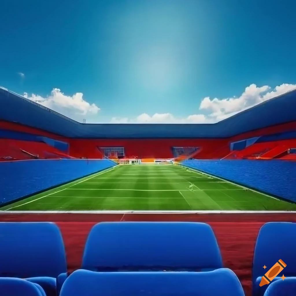 View of a football stadium with blue and red seating on Craiyon