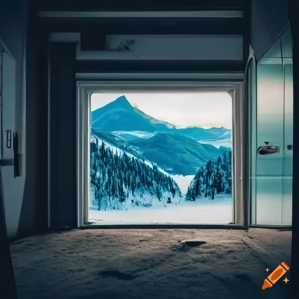 Winter view from inside a garage with open door on Craiyon