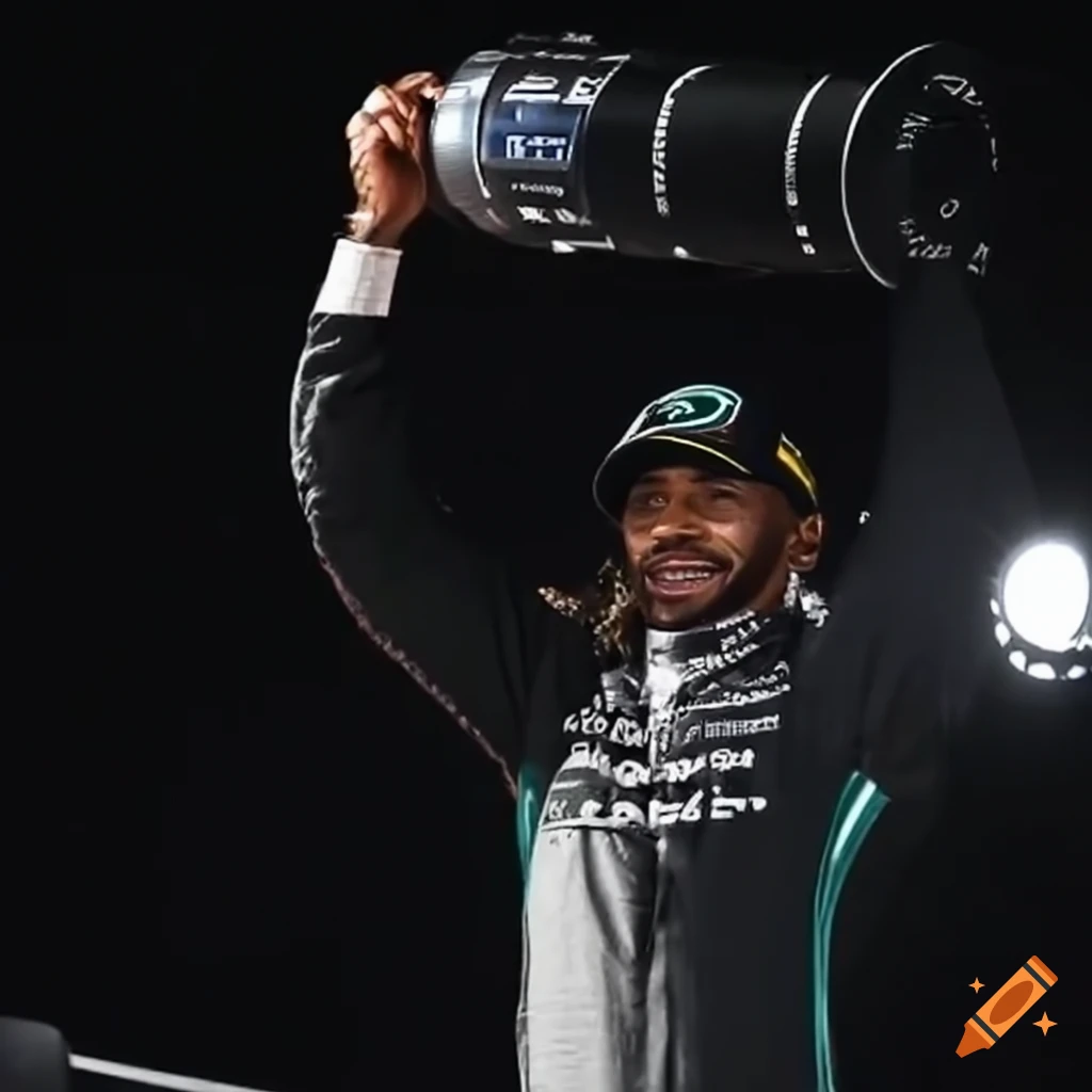 Hamilton celebrating victory on the podium on Craiyon