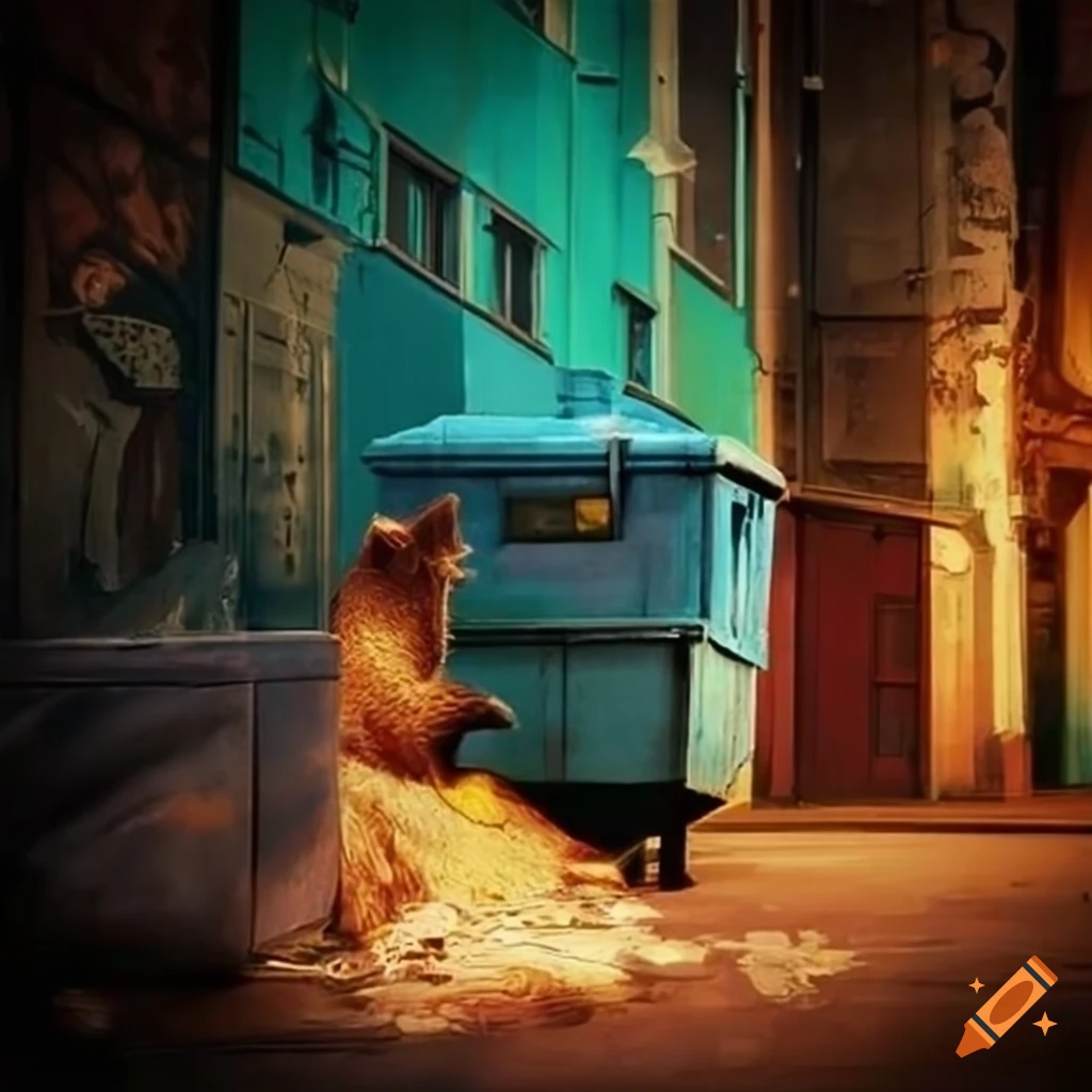 Quirky artwork of an animal exploring a dumpster in a grungy cityscape ...