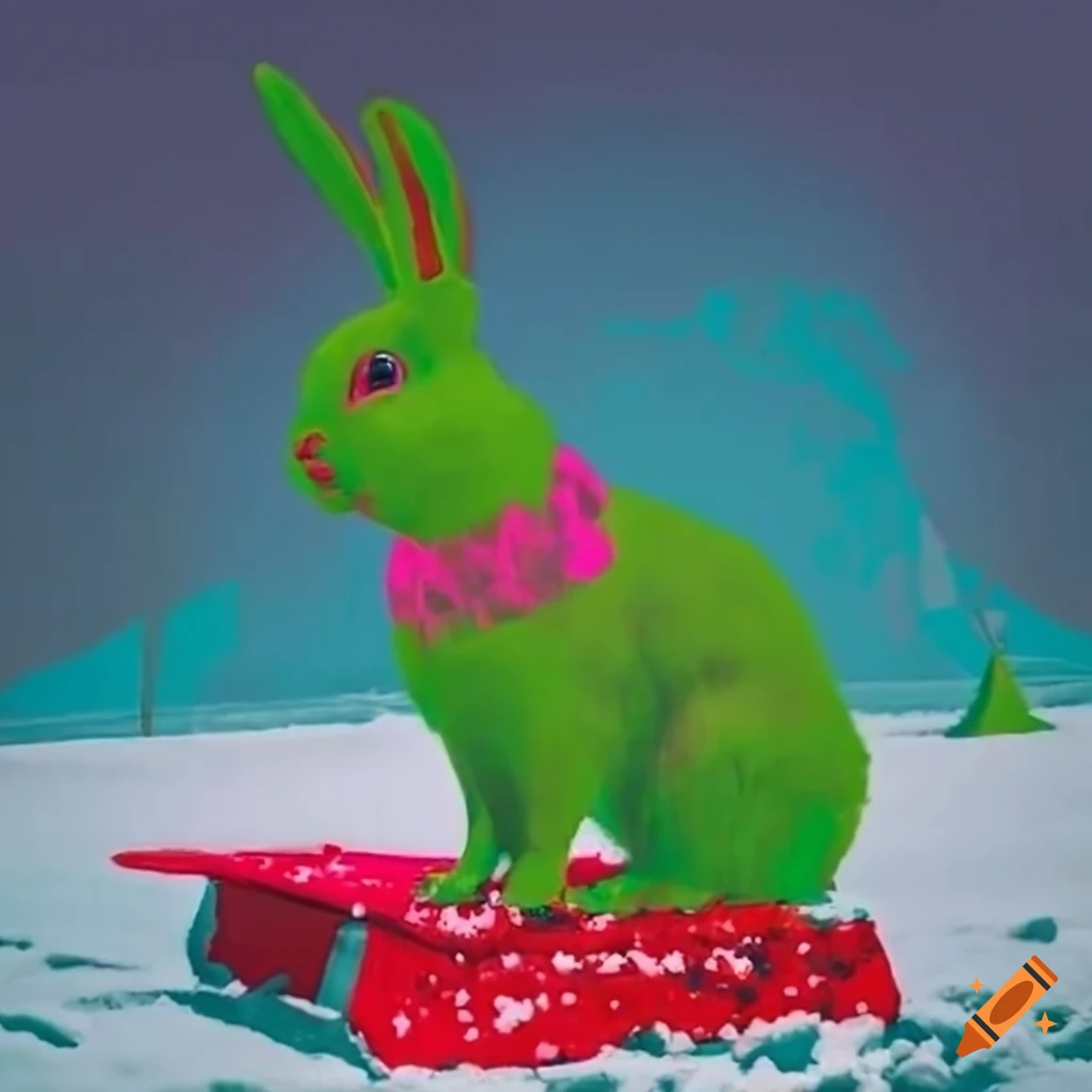 Green rabbit and red snow groomer in warhol style