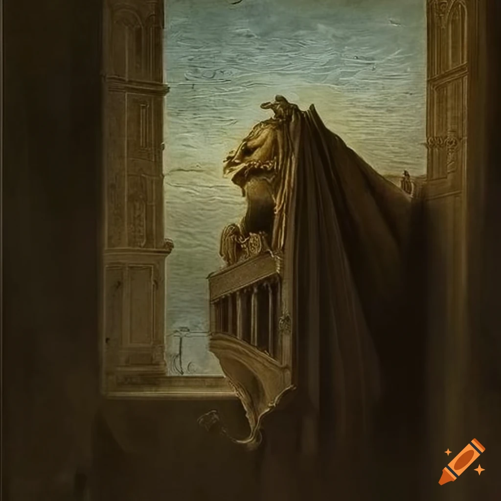 Gothic gargoyle sculpture in a sea themed window on Craiyon