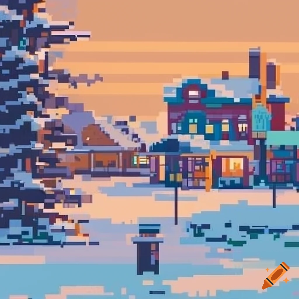 Cozy pixel art of a snowy town on a winter afternoon on Craiyon
