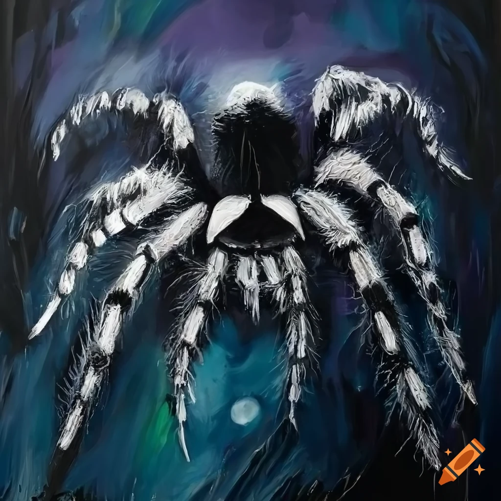 Painting of a black and white tarantula walking out of a dark forest on ...