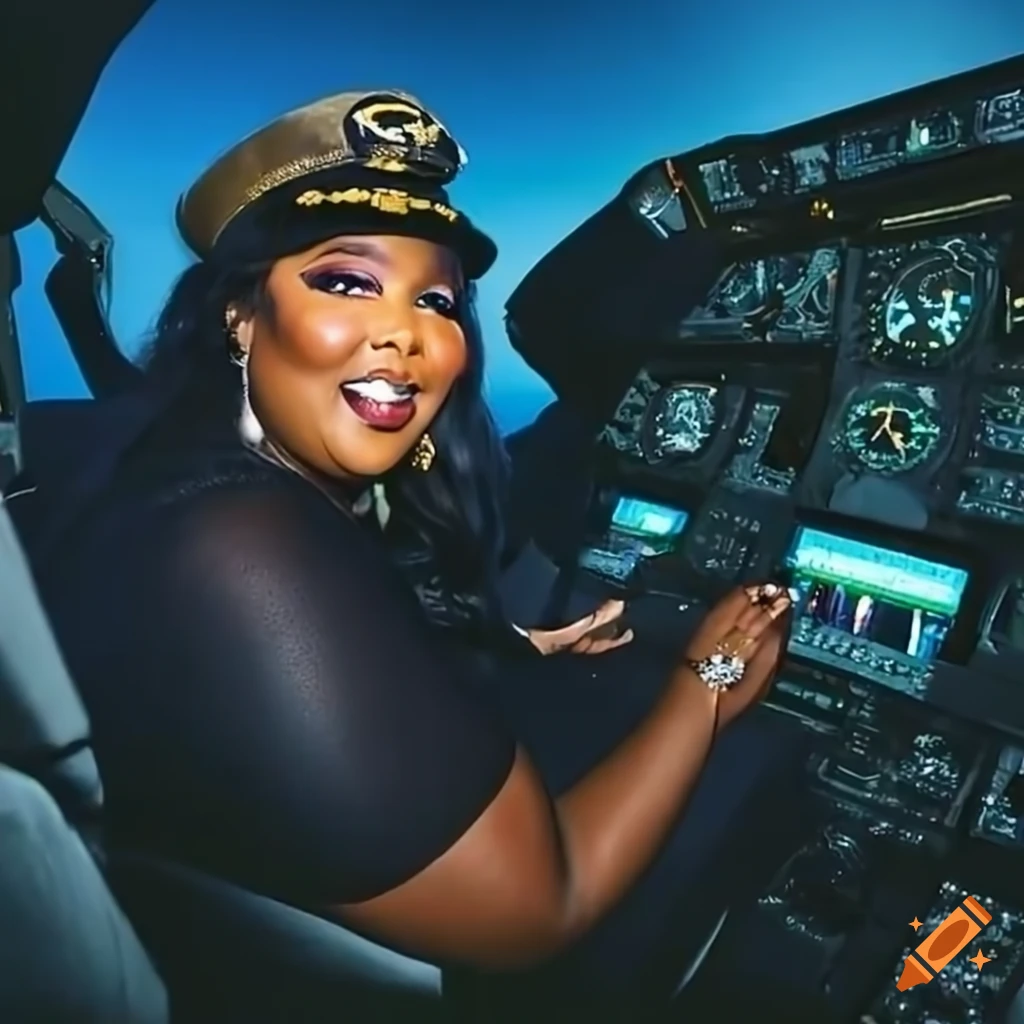 Lizzo wearing captain's hat in airliner cockpit on Craiyon