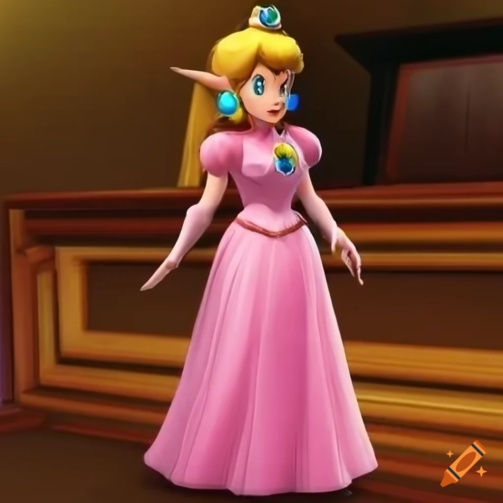 Link in princess Peach's pink ballgown and high heels on Craiyon
