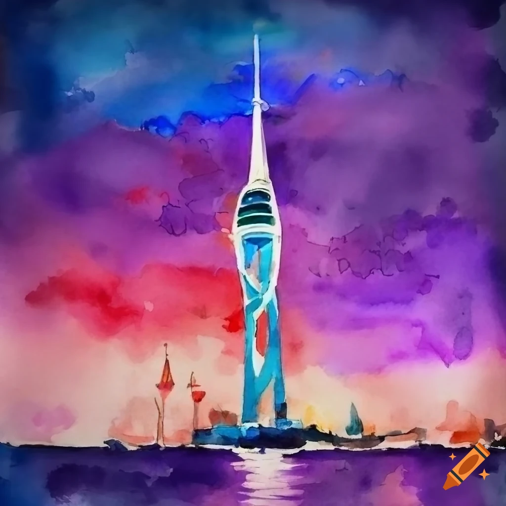 Japanese watercolor style night view of Spinnaker tower on Craiyon
