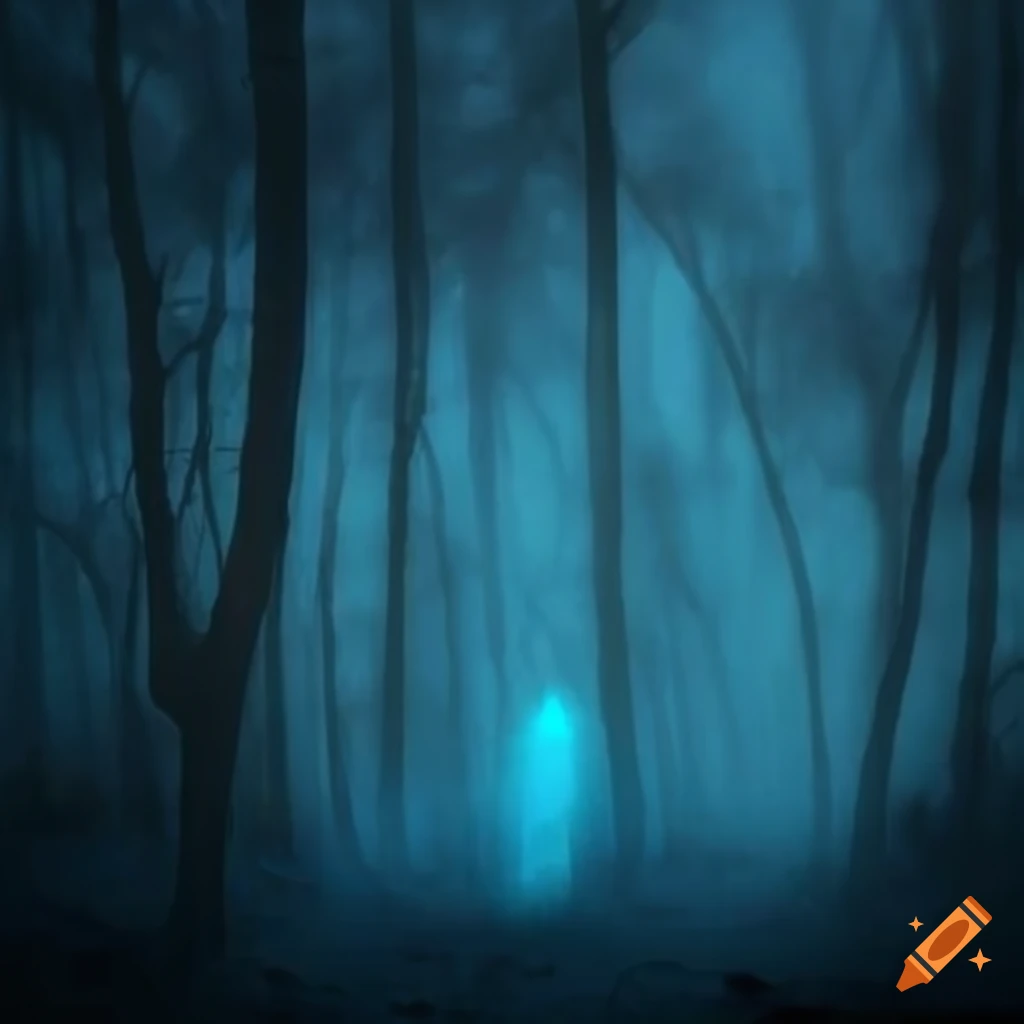 Eerie image of a glowing blue ghost in a foggy forest on Craiyon