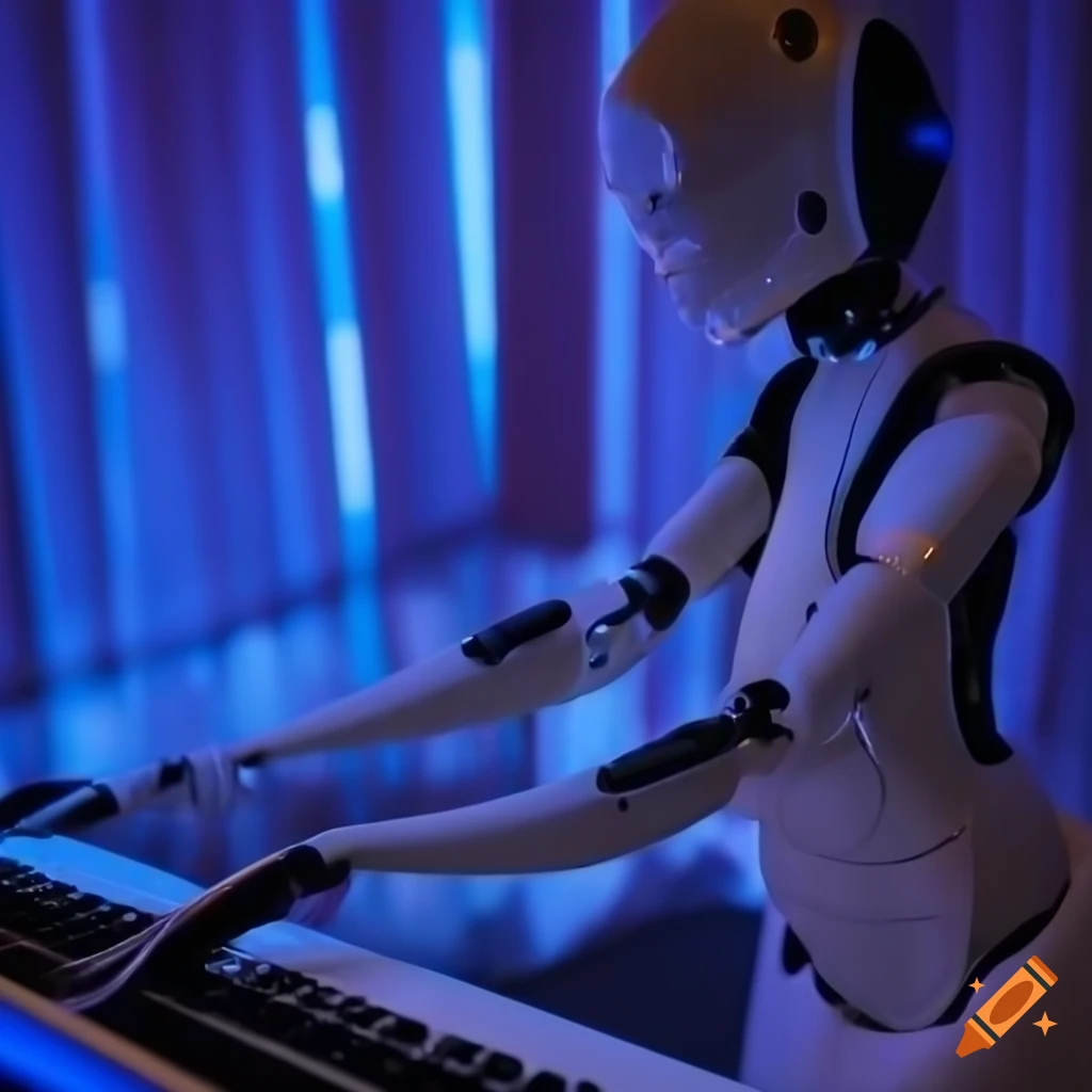 Close-up of a female robot keyboardist on stage on Craiyon