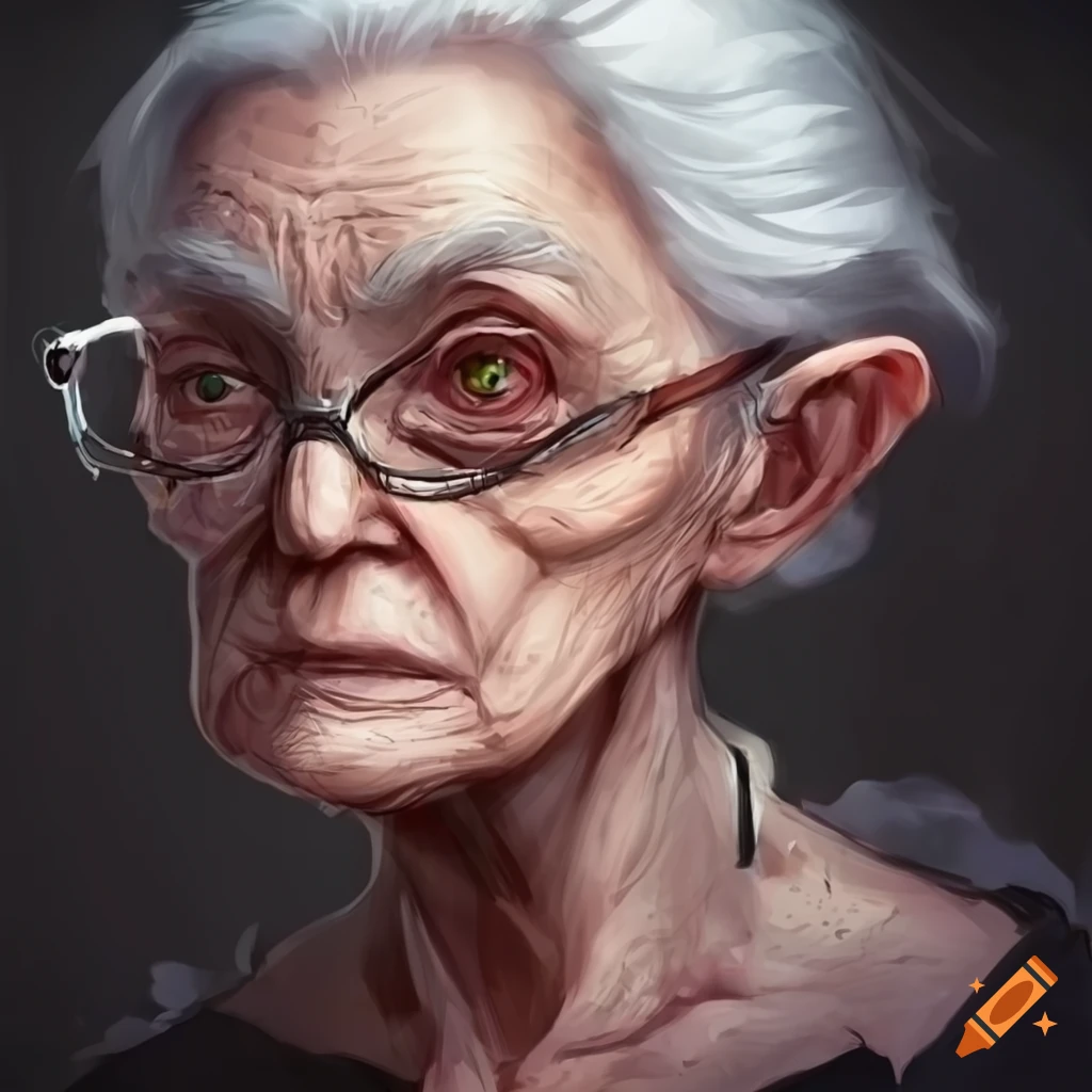 Concept art of a stern-looking old lady on Craiyon