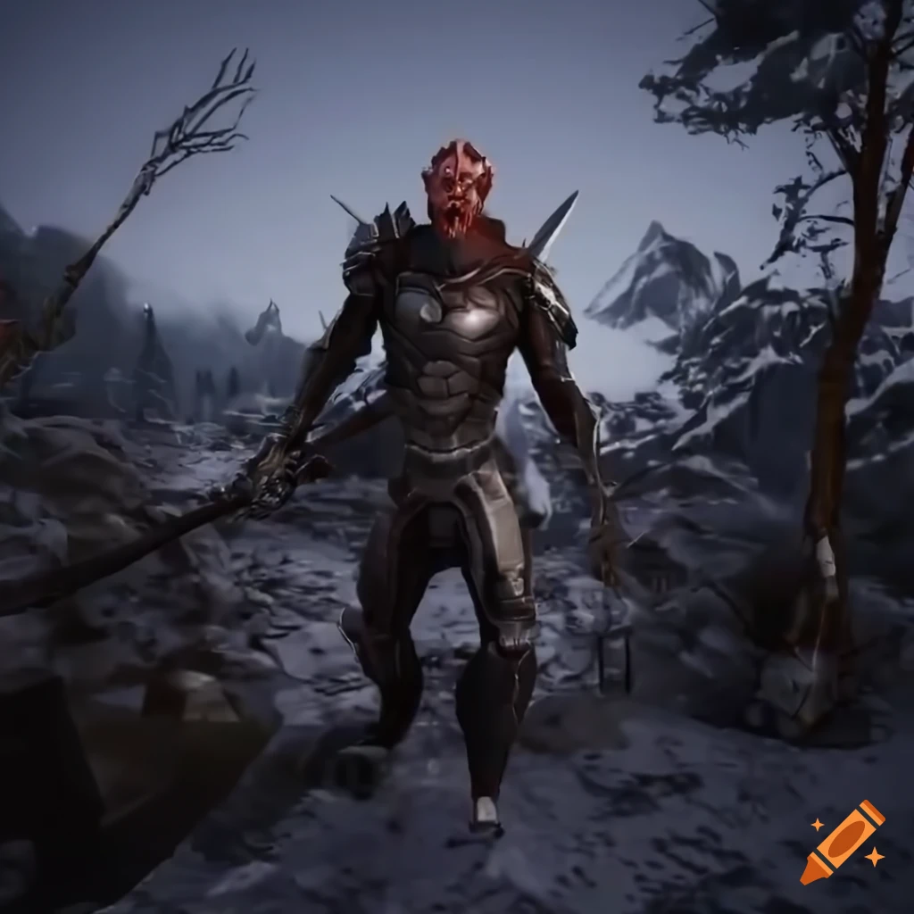 Sci-fi elf cyborg with a war axe on snowy mountains on Craiyon