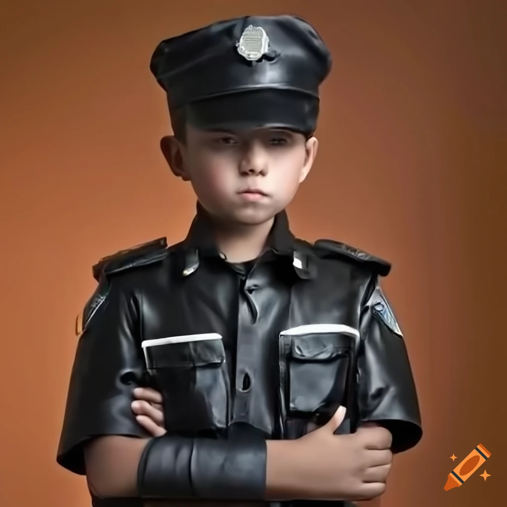 Photo realistic image of a young boy in a security guard uniform