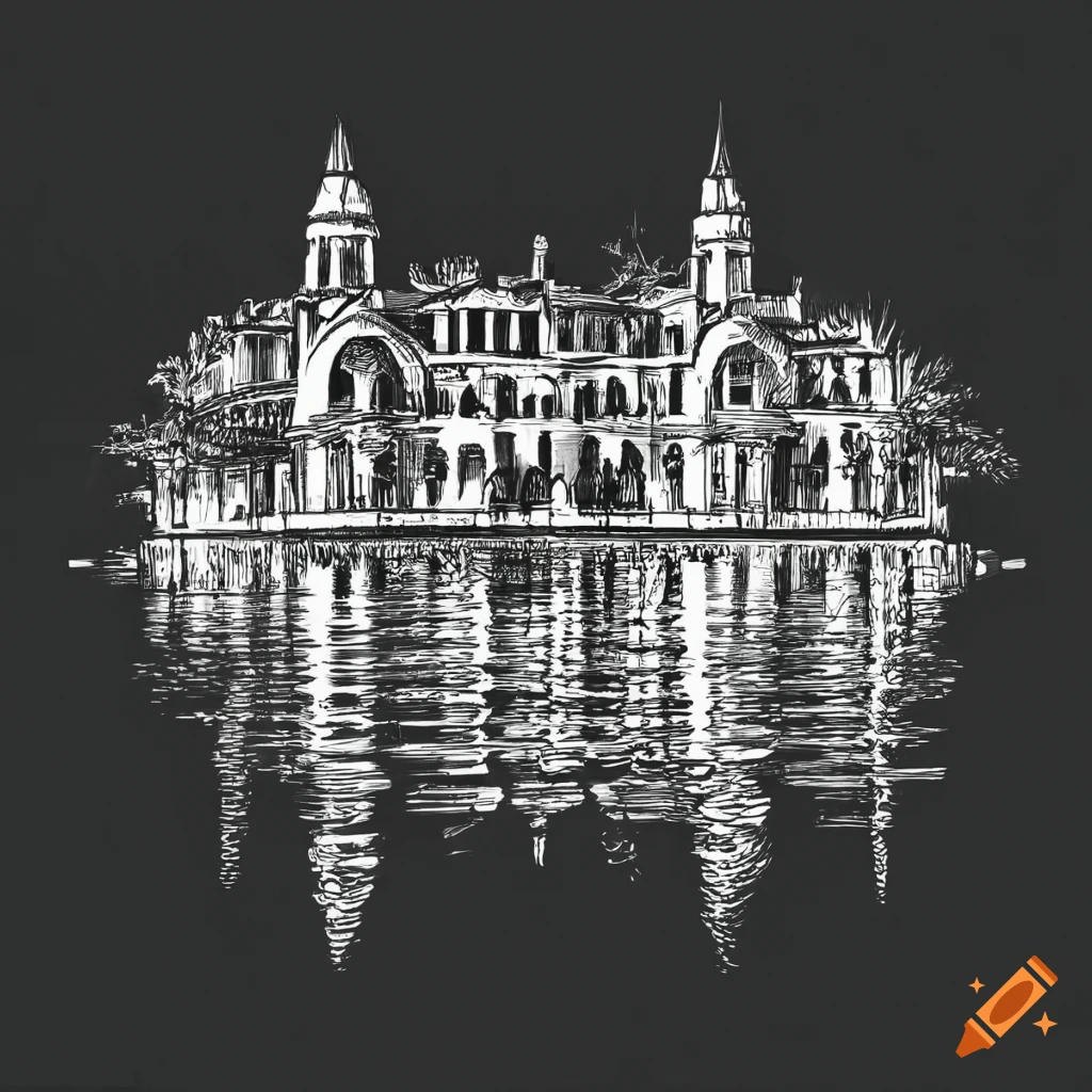 Pencil sketch of french riviera houses with palm trees and water ...