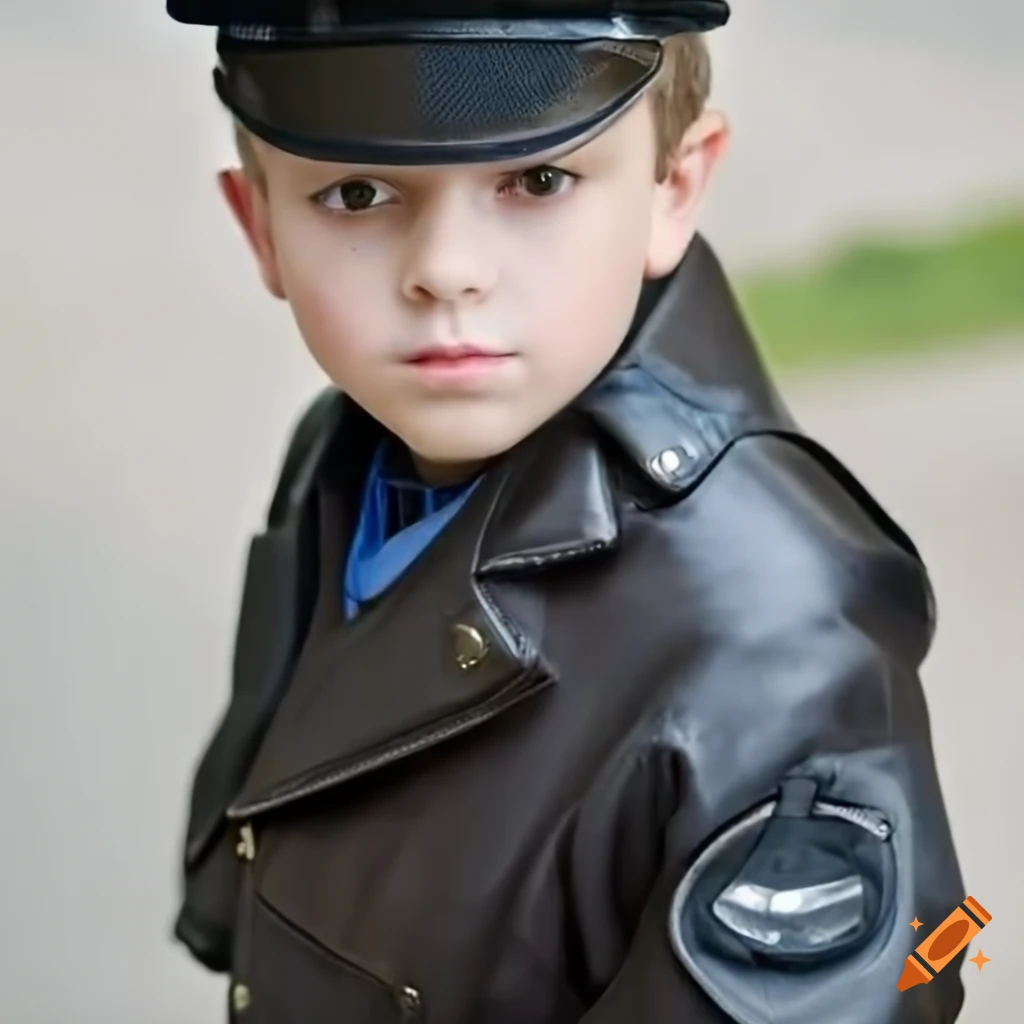 Photo realistic portrait of a stern young boy in security guard uniform