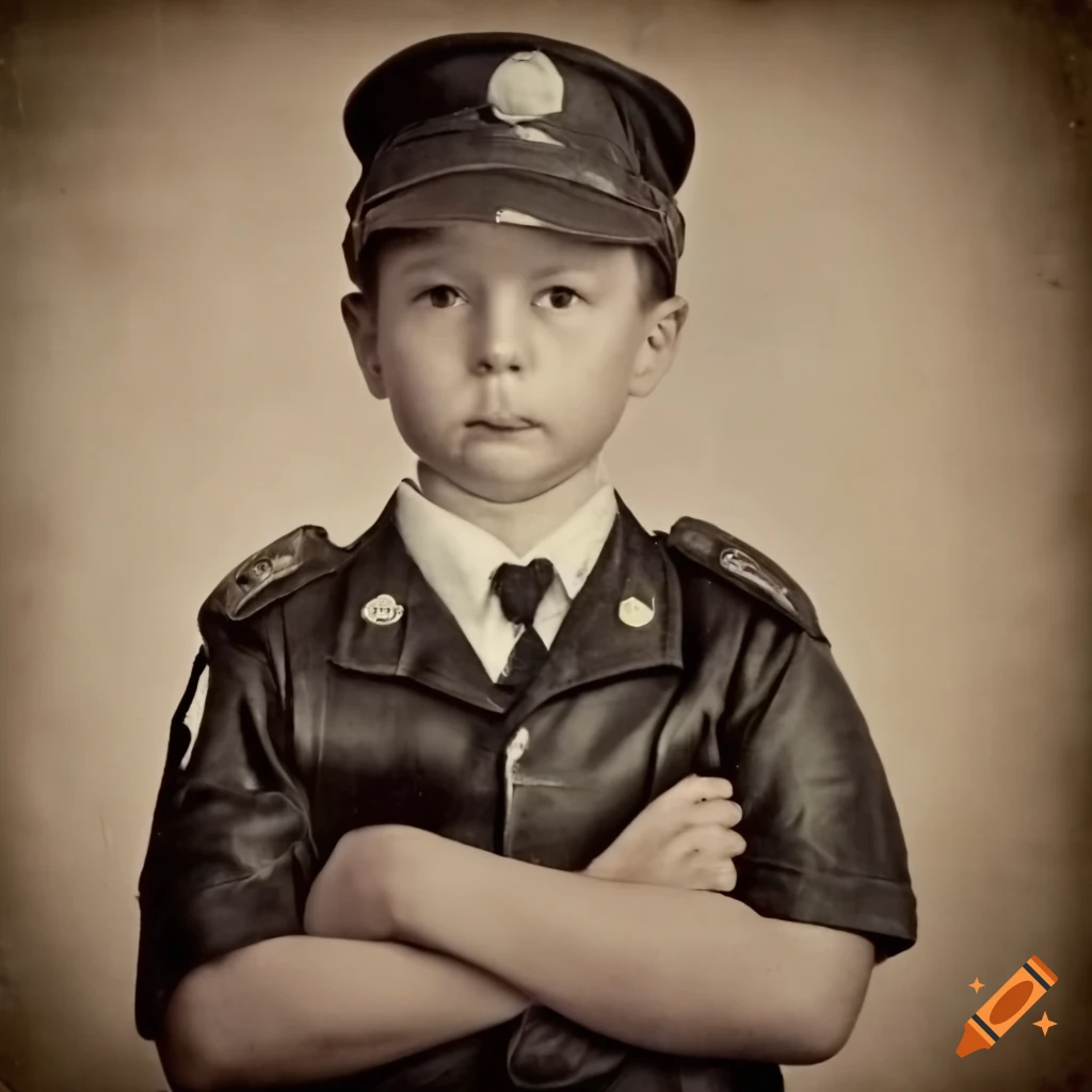 Vintage photograph of a young boy in a security guard uniform on Craiyon