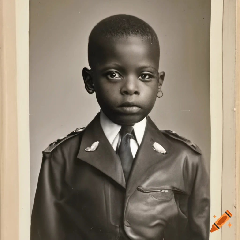 Vintage photo of a young black boy in a security guard uniform on Craiyon