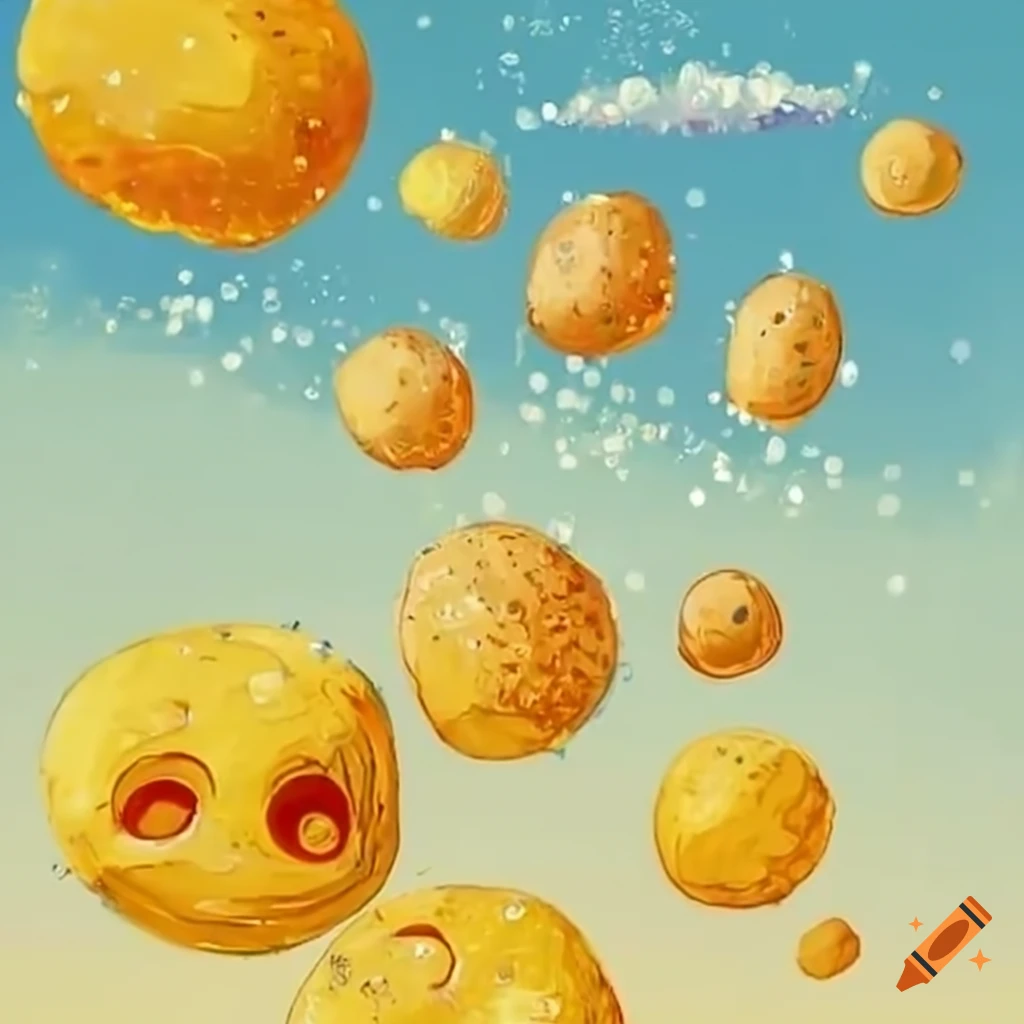 Whimsical illustration of cheese balls falling from the sky
