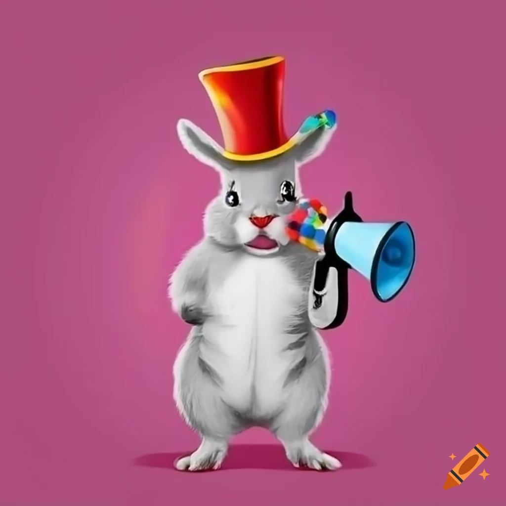 Rabbit wearing a top hat and tuxedo holding a megaphone at the circus