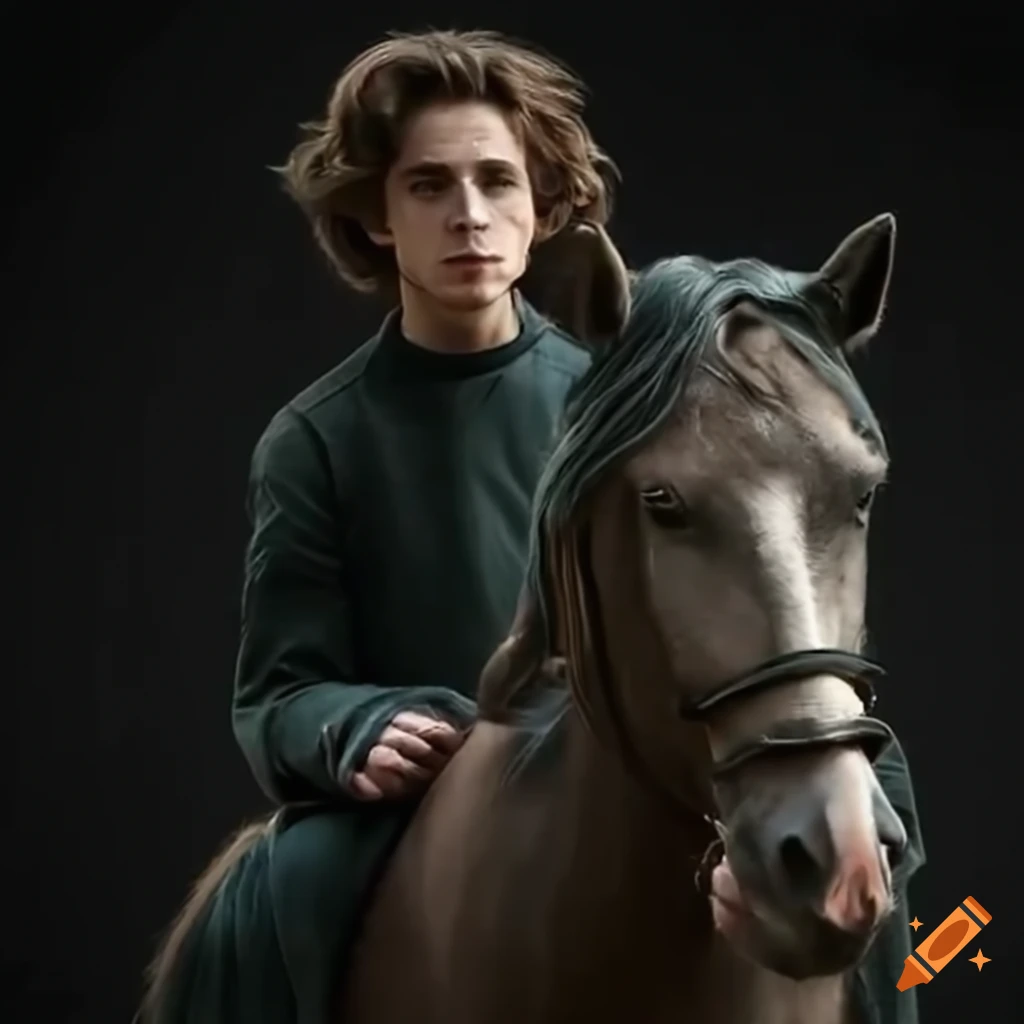 Timothy Chalamet riding a horse on Craiyon