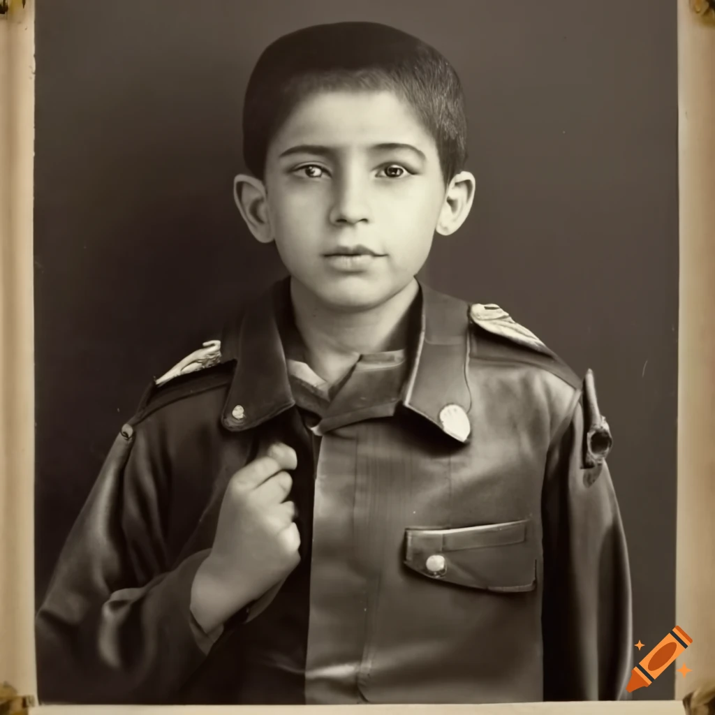 Vintage photograph of a young iranian boy in a security guard uniform
