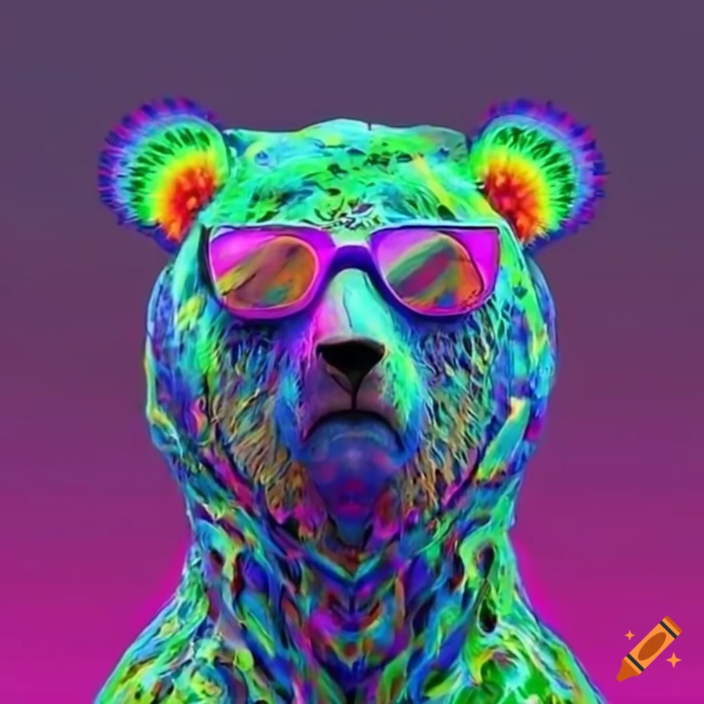 Trippy bear with sunglasses on a mountain on Craiyon