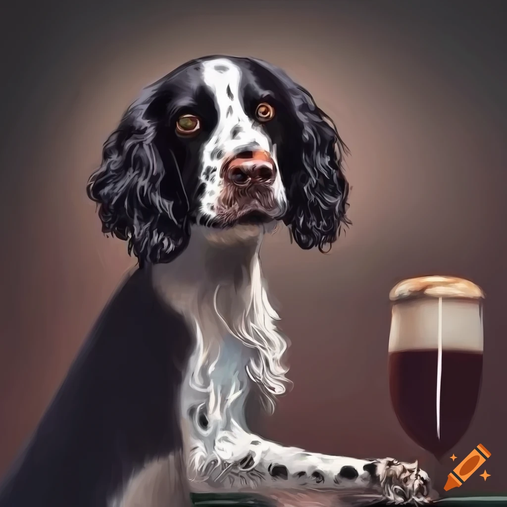 Oil painting of a springer spaniel sitting in a pub