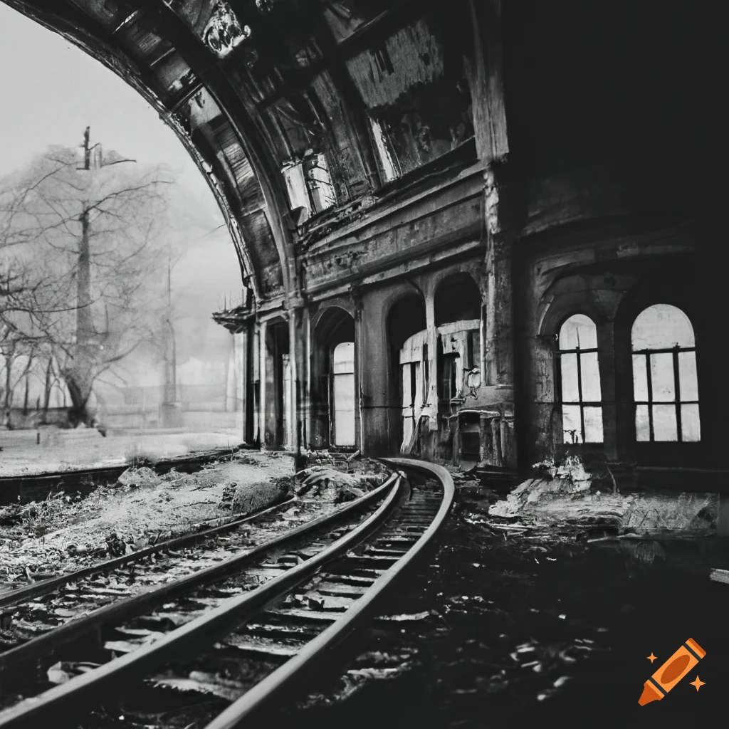 Black and white photo of an abandoned train station with lens flare on ...