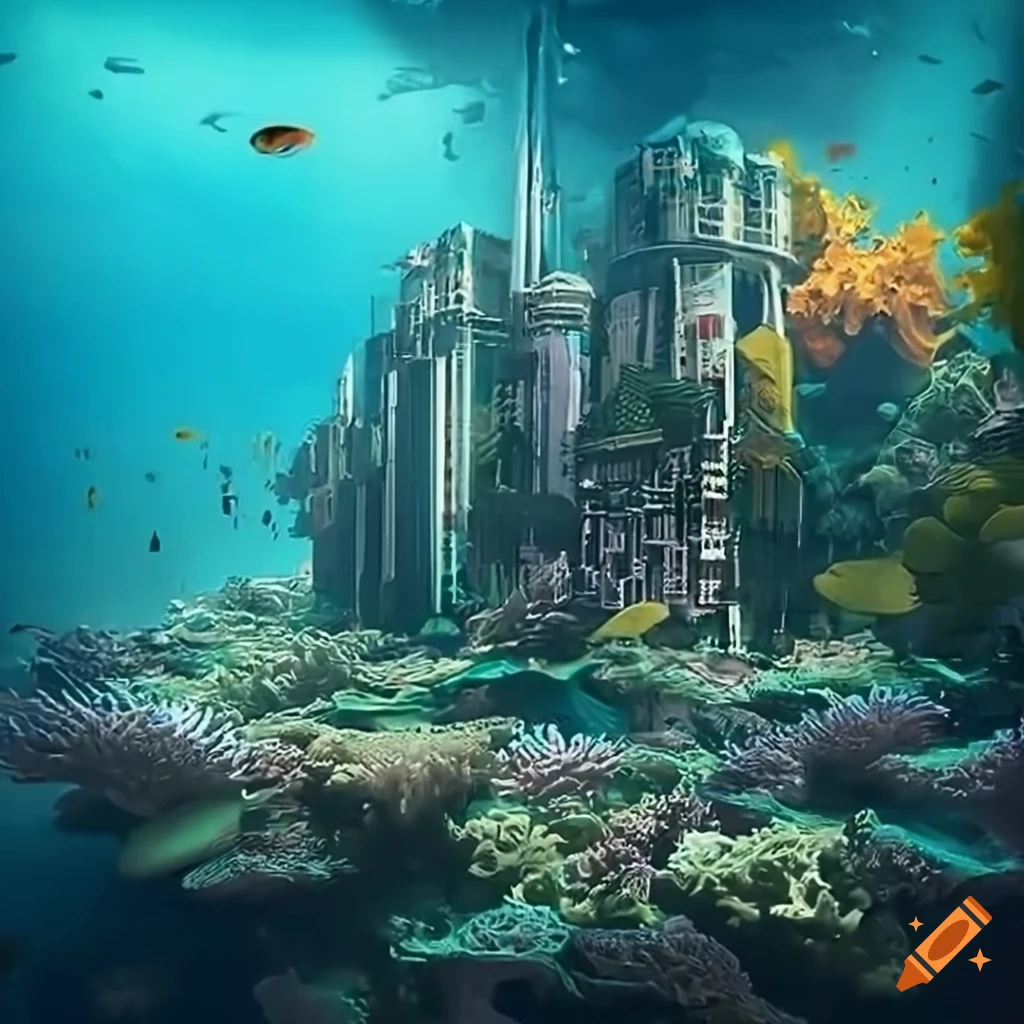 Futuristic underwater city with fish and submarines on Craiyon